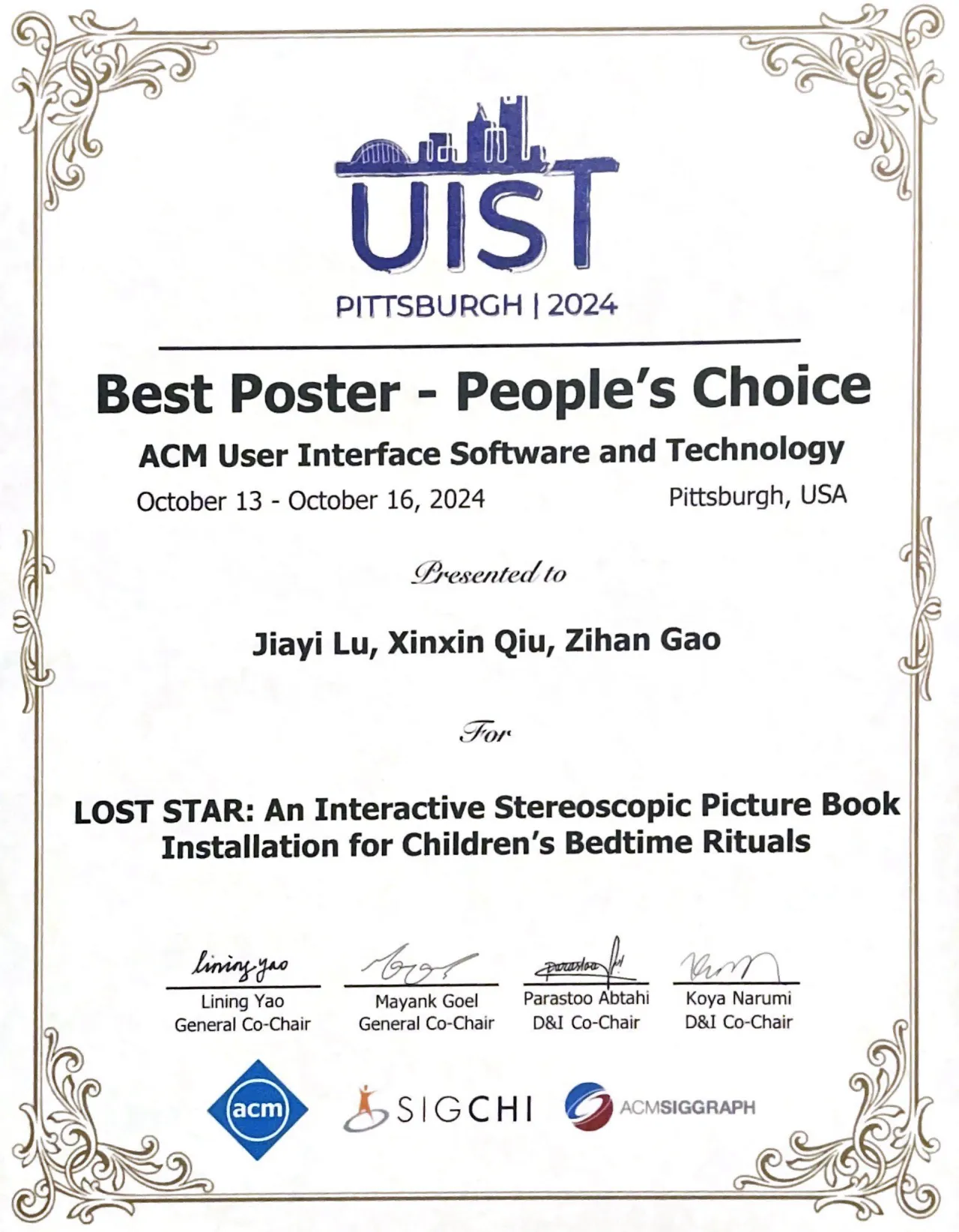 中传师生人机交互作品获UIST 2024最佳人气海报奖